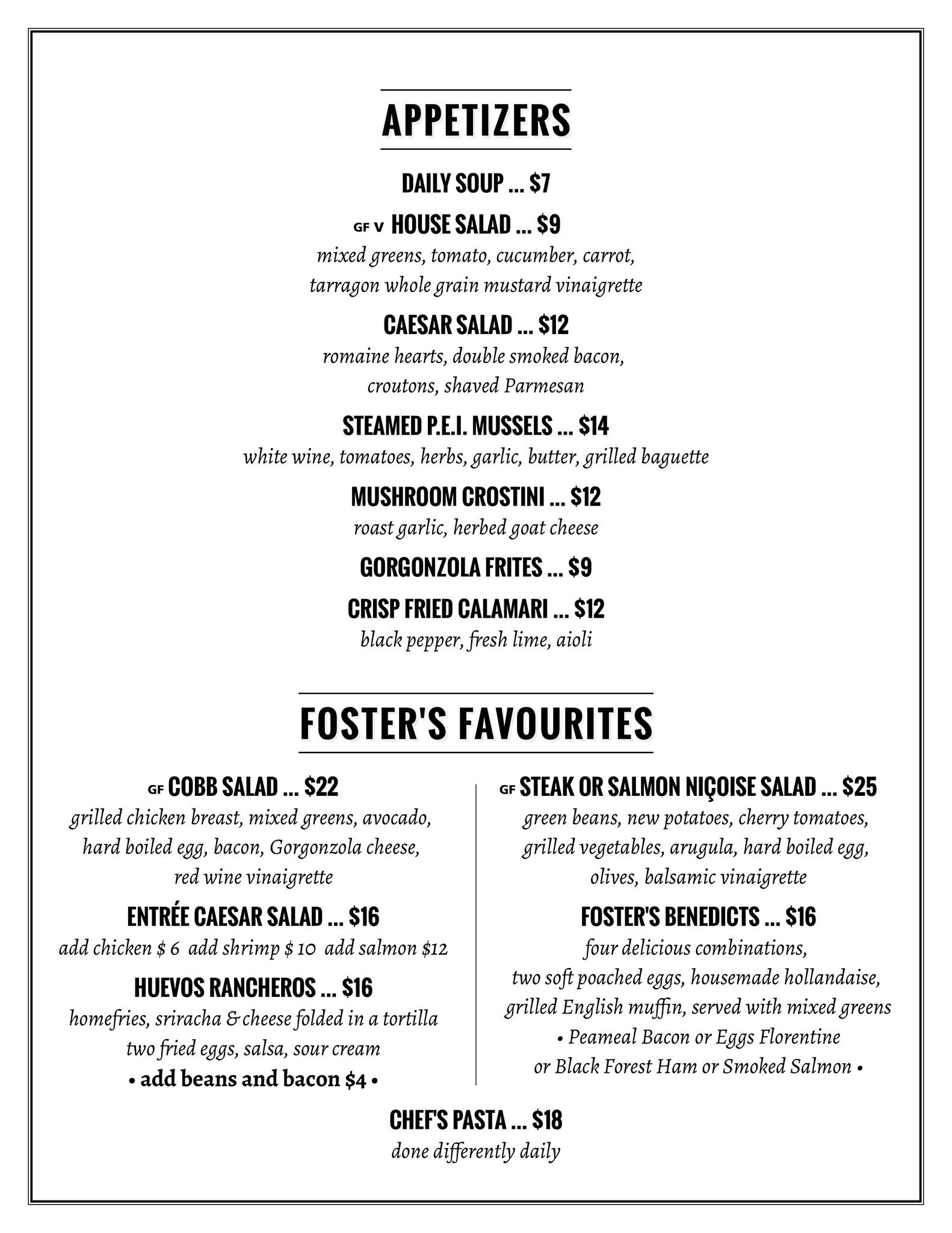 Menu at Foster's Inn steakhouse, Stratford