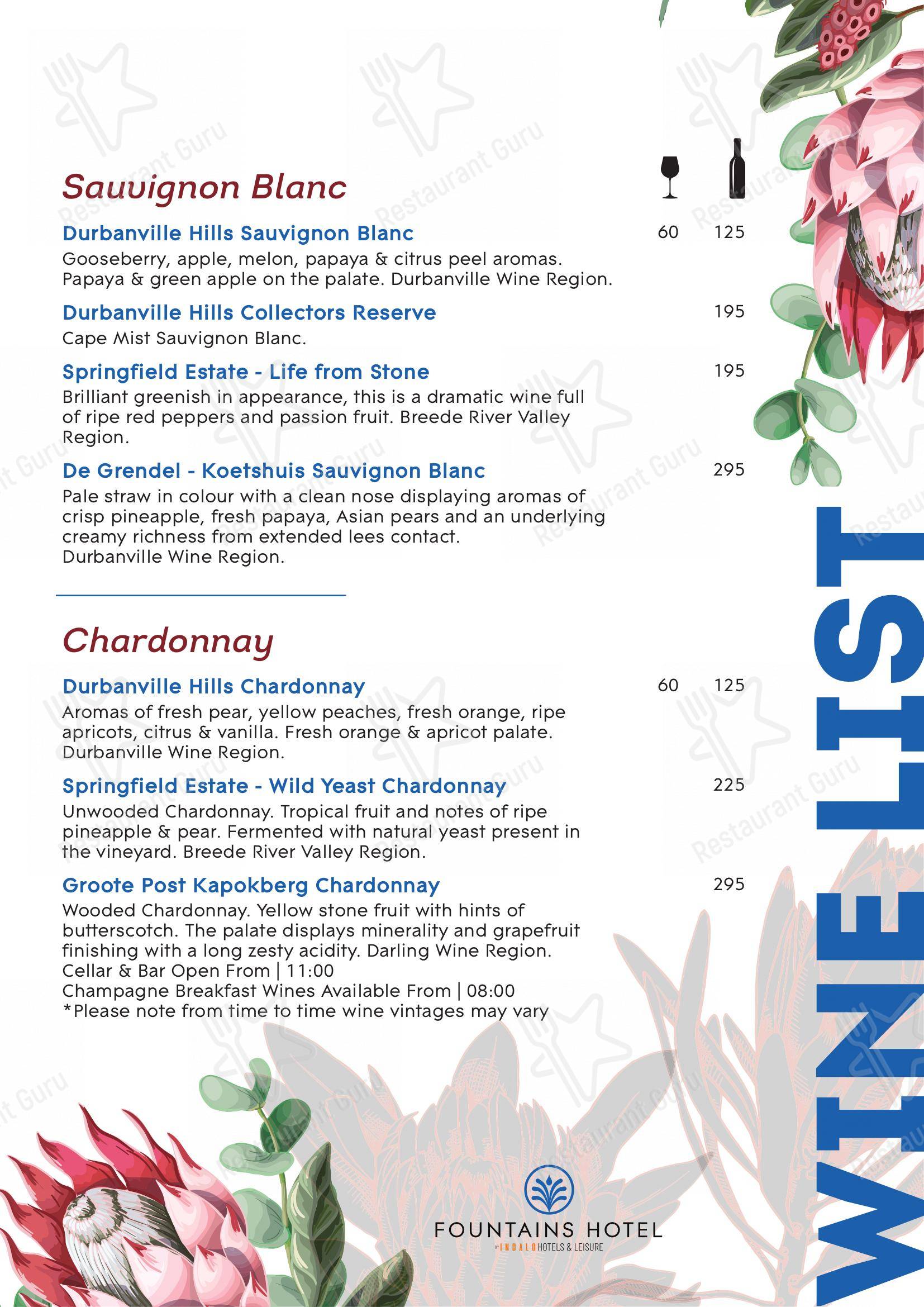 Menu at Fountains Hotel Cape Town restaurant, Cape Town