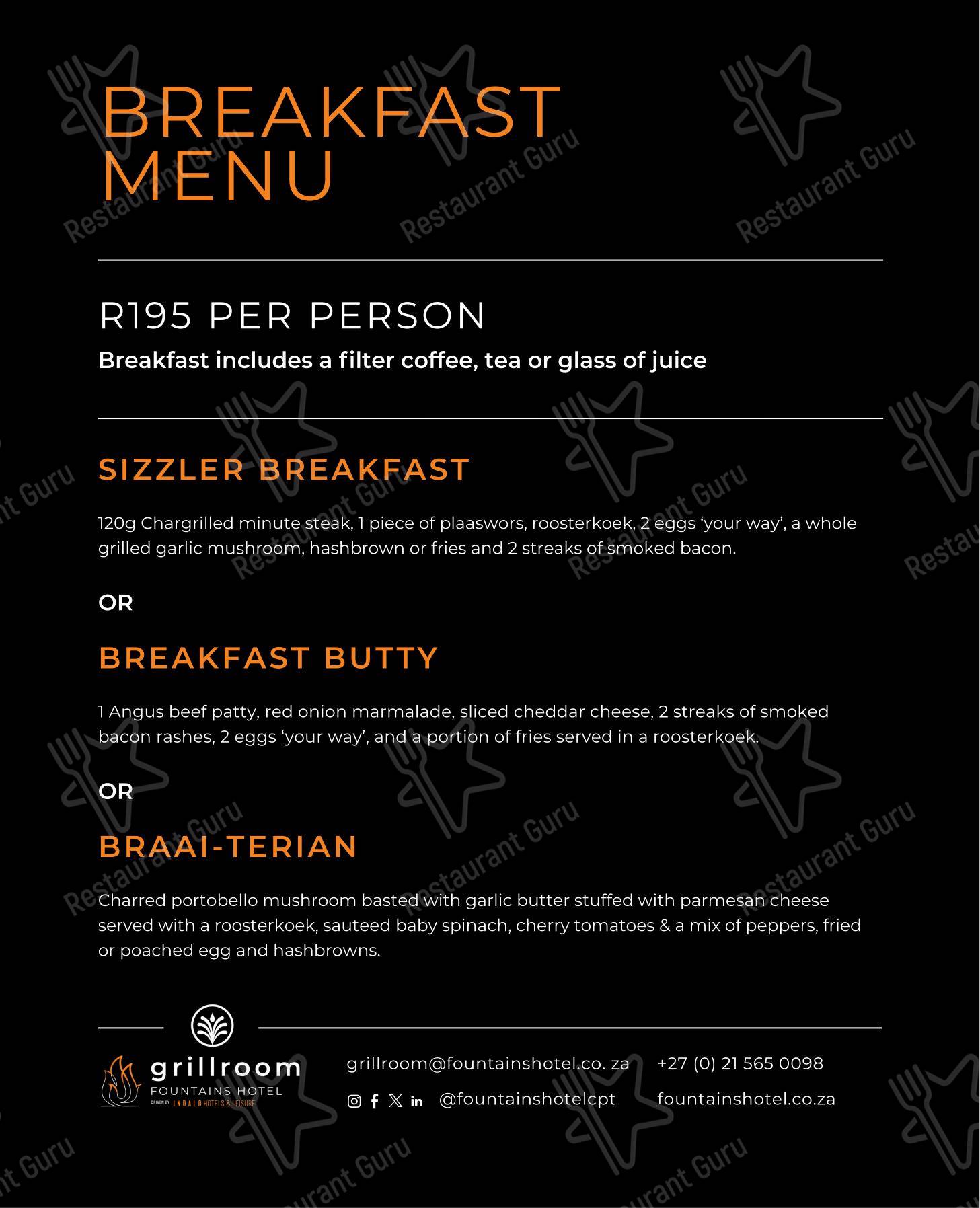 Menu at Fountains Hotel Cape Town restaurant, Cape Town