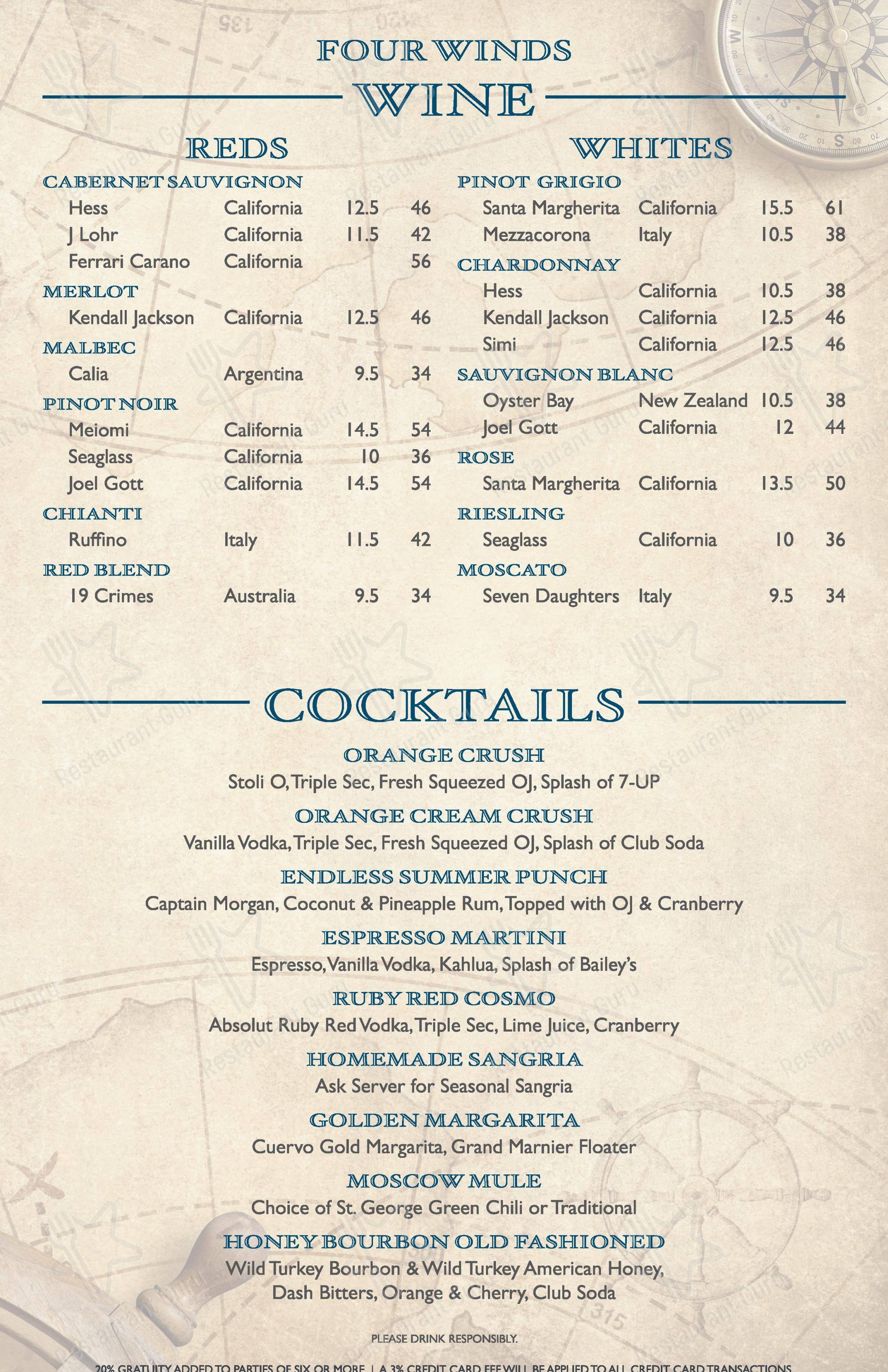 Menu at Four Winds Restaurant, Manasquan