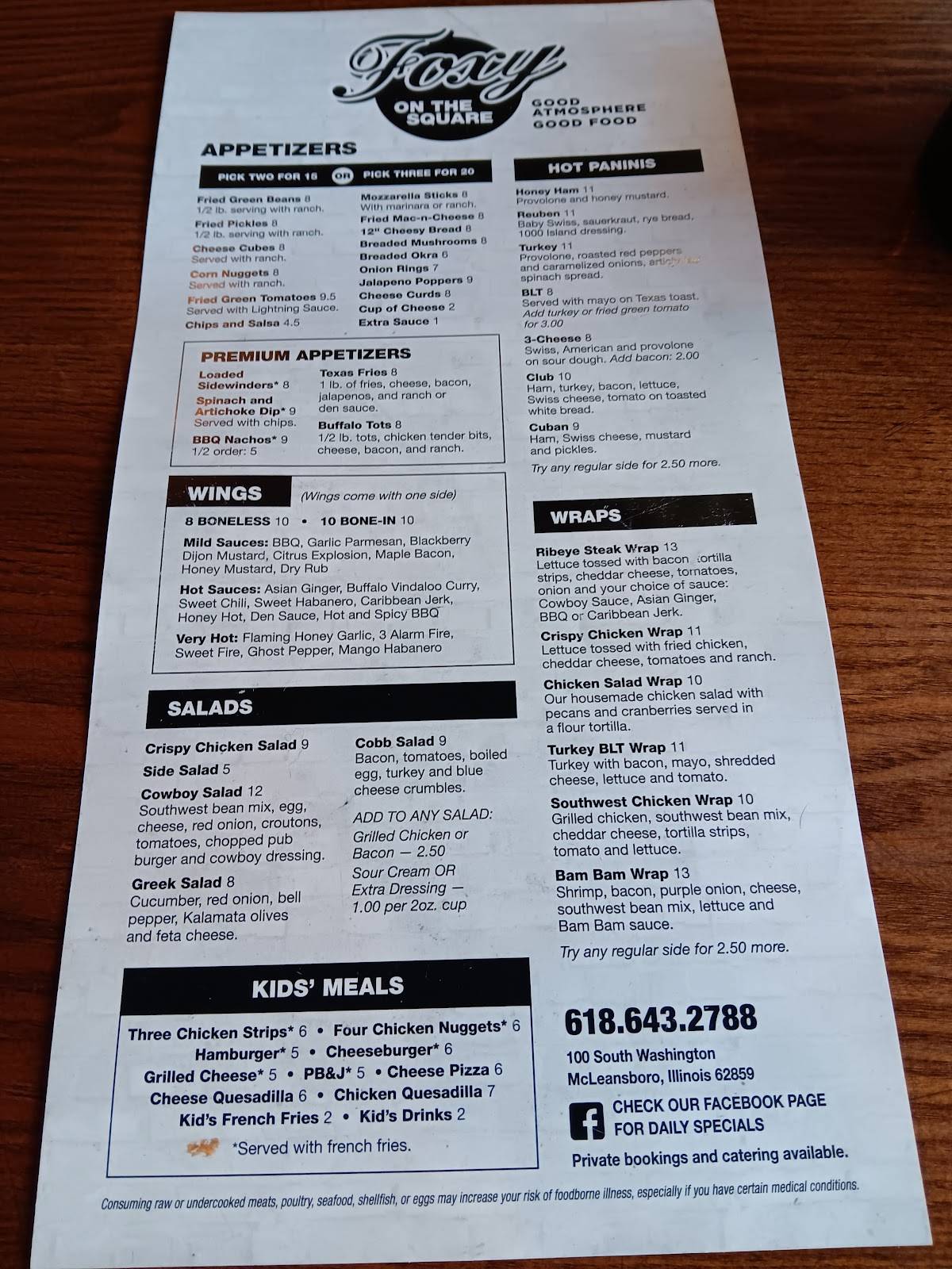 Menu at Foxy restaurant, McLeansboro