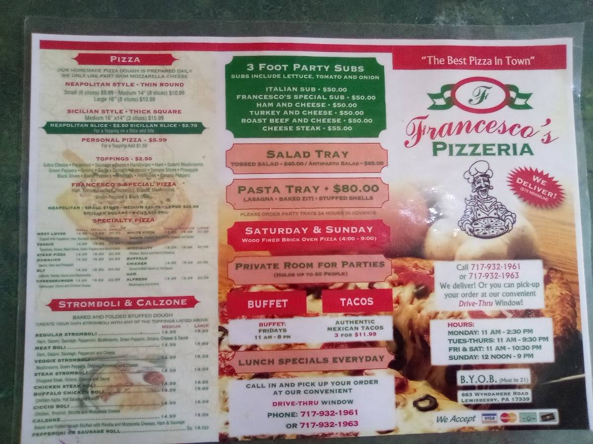 Menu at Francesco's Pizzeria, Lewisberry, 663 Wyndamere Rd