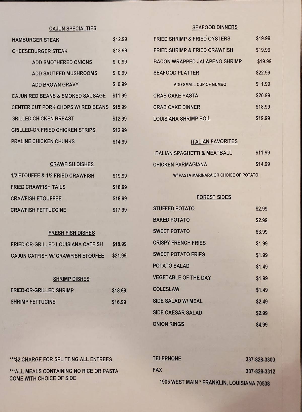 Menu at Forest Restaurant, Franklin