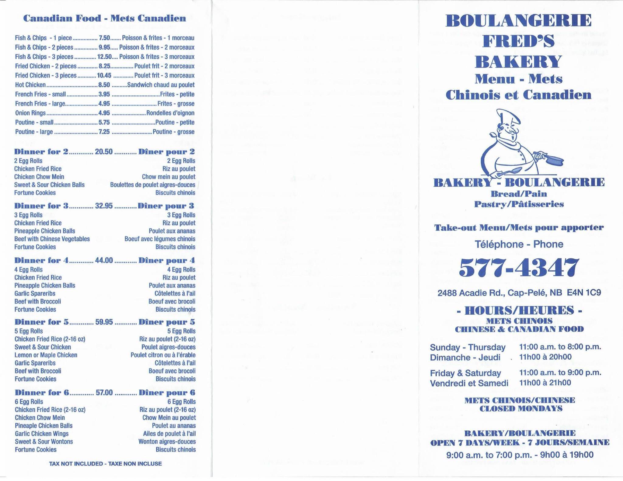 Menu at Fred's Bakery, Cap-Pele