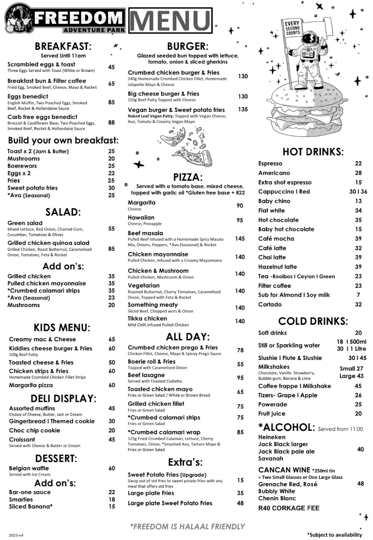 Menu at Freedom Adventure Park restaurant, Cape Town
