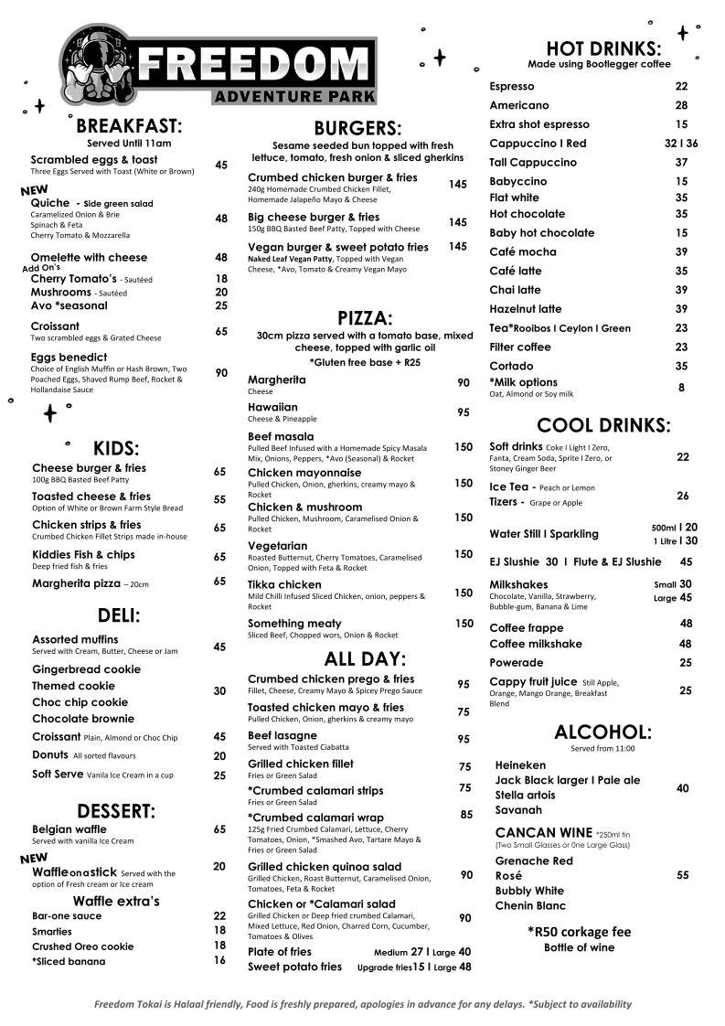 Menu at Freedom Adventure Park restaurant, Cape Town