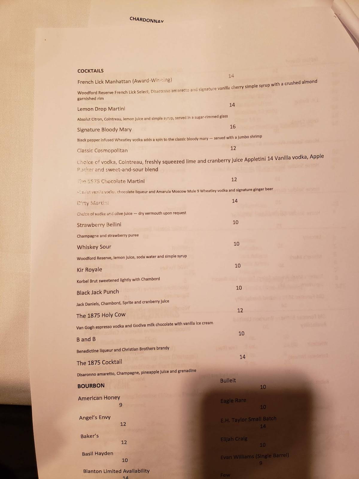 Menu at 1875: The Steakhouse, French Lick