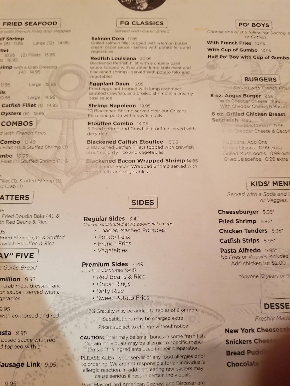 Menu at French Quarter Cajun Seafood restaurant, Houston, Hwy 6 N