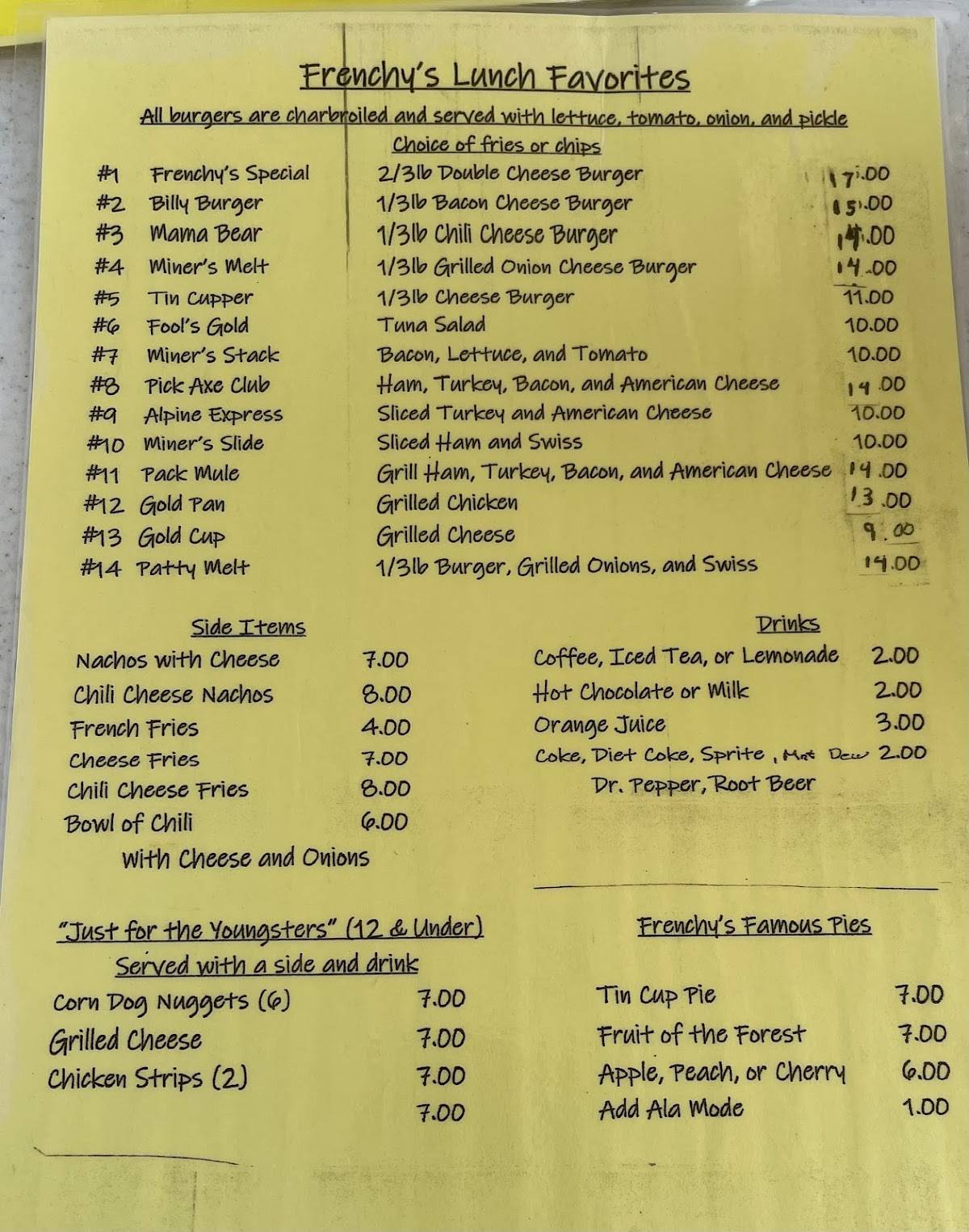 Menu at Frenchy's Cafe on the Pond, USA