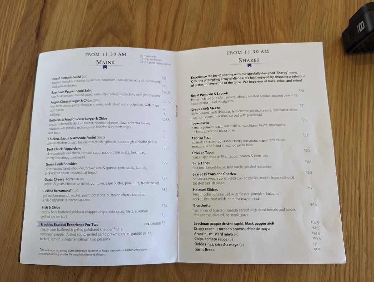 Menu at Freshwaters cafe, Peppermint Grove