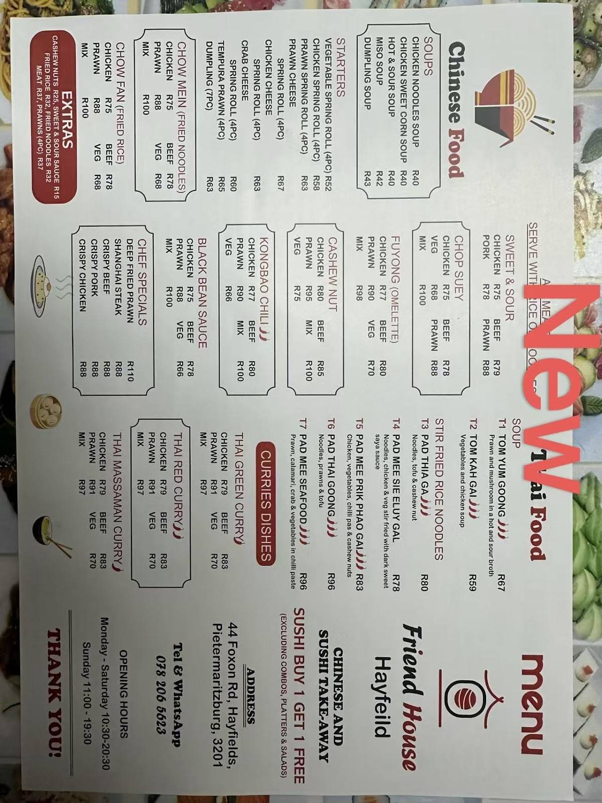 Menu at Friend House Hayfields restaurant, Pietermaritzburg