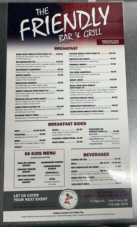 Menu at Friendly Bar Inc, Star Prairie