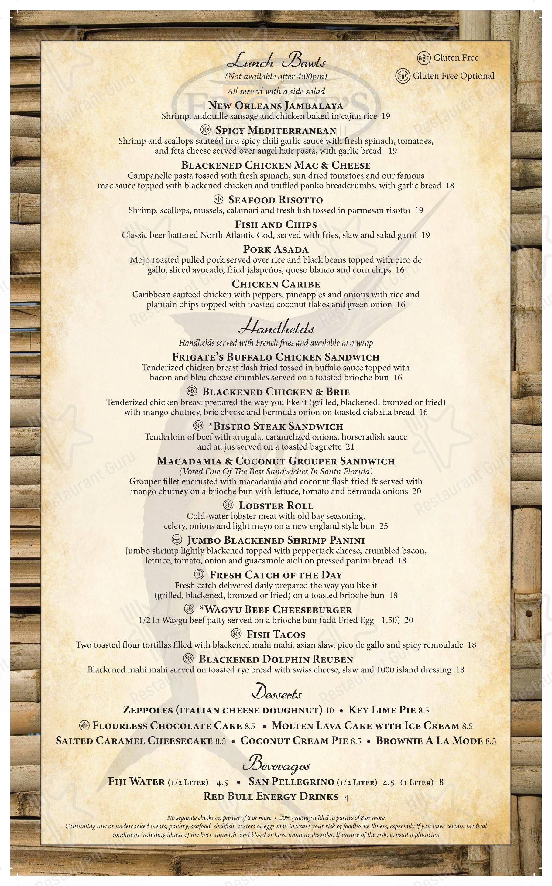 Menu at Frigate's Waterfront Bar & Grill - Melbourne, Melbourne