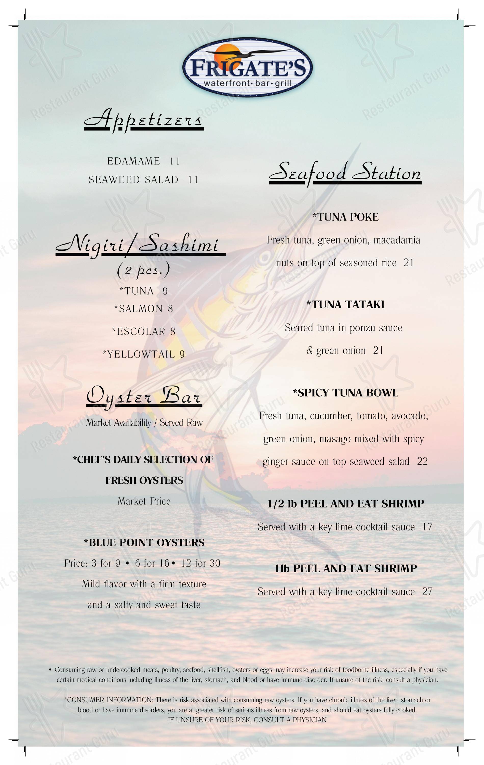 Menu at Frigate's Waterfront Bar & Grill - Melbourne, Melbourne