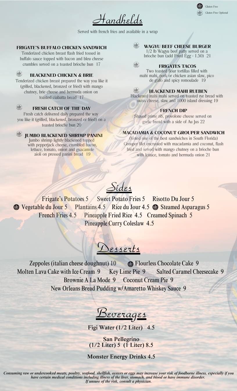 Menu at Frigate's Waterfront Bar & Grill - Melbourne, Melbourne