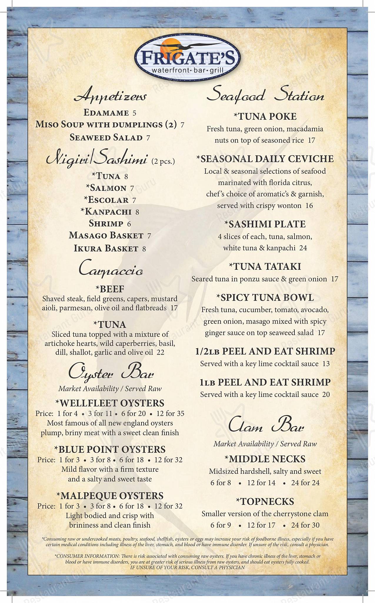 Menu at Frigate's Waterfront Bar & Grill - Melbourne, Melbourne