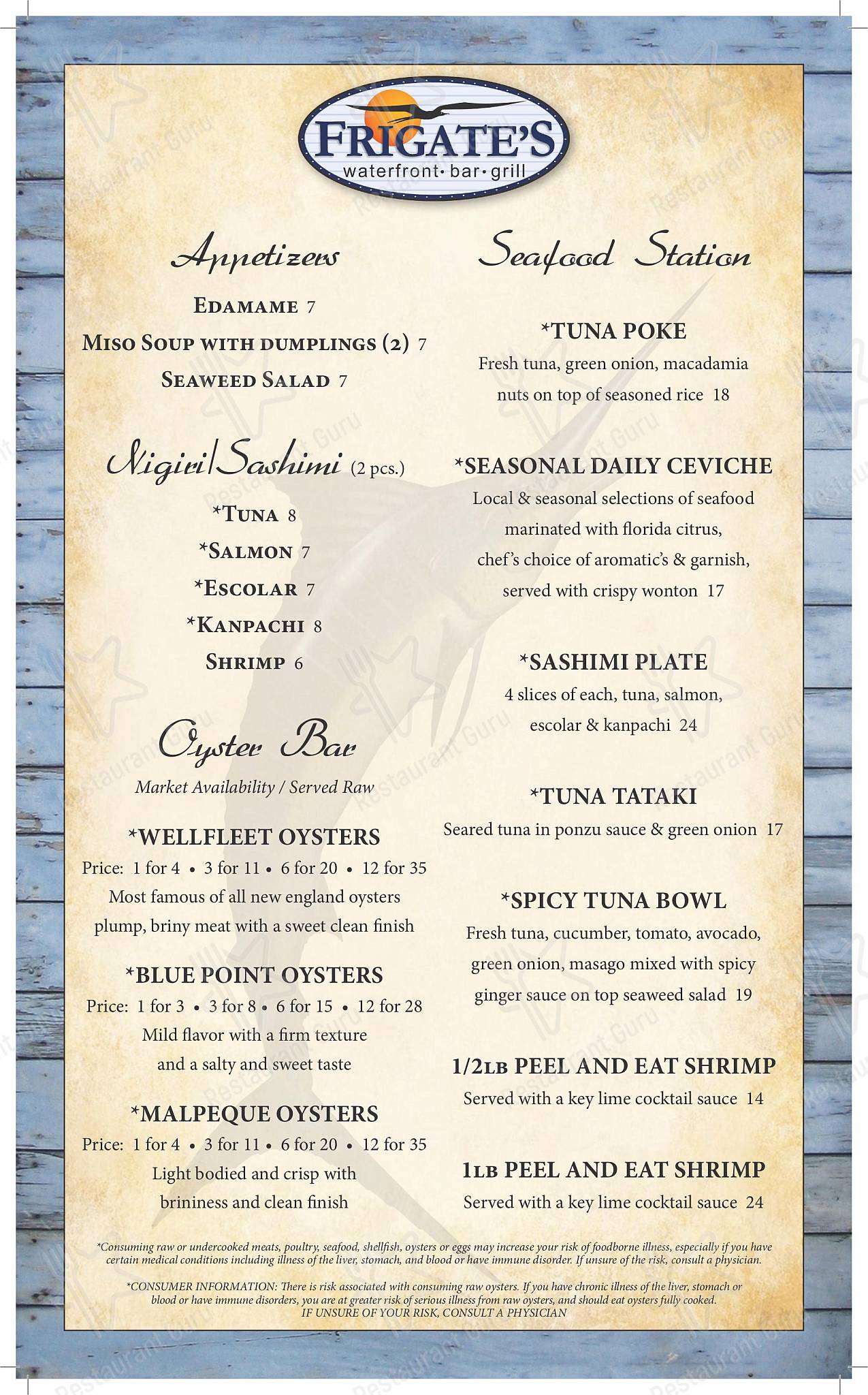 Menu at Frigate's Waterfront Bar & Grill - Melbourne, Melbourne