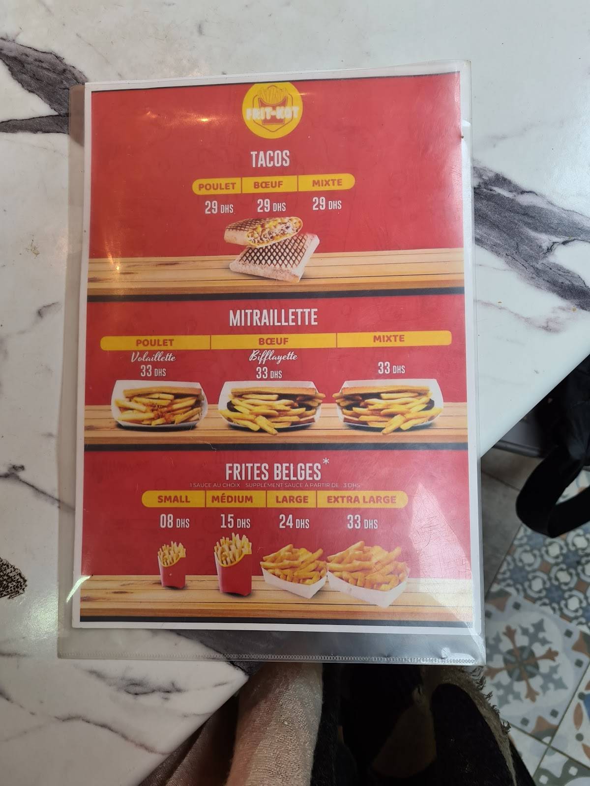 Menu au Fritkot rabat restaurant, Rabat