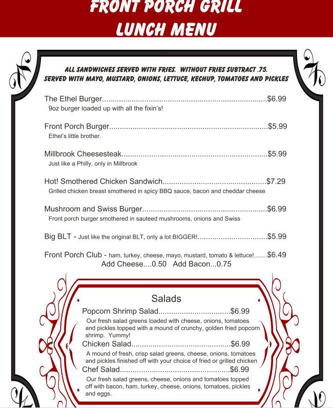 Menu at Front Porch Grill restaurant, Millbrook