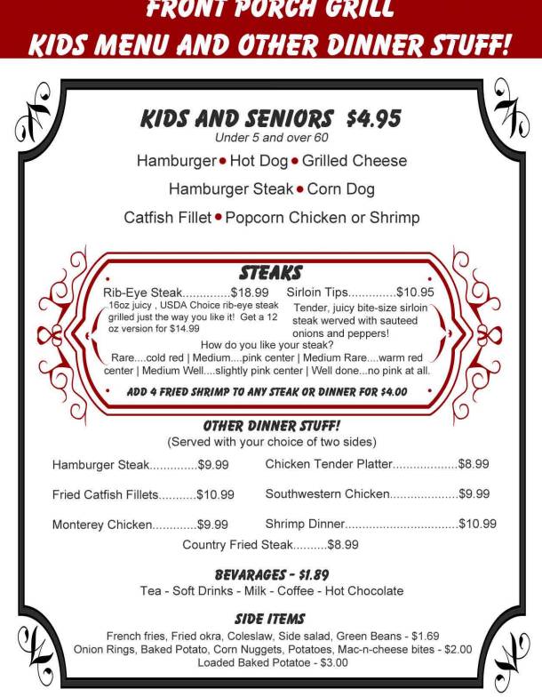 Menu at Front Porch Grill restaurant, Millbrook