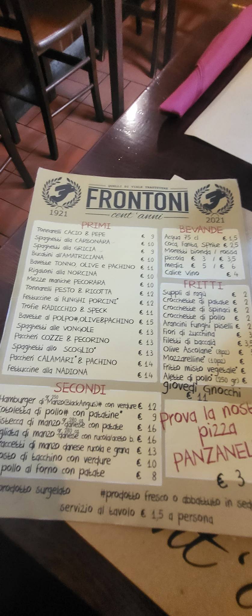 Menu at Frontoni dal 1921 pizzeria, Rome, Circonvallazione Gianicolense