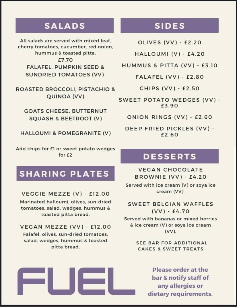 Menu at Fuel Cafe Bar, Manchester, 448 Wilmslow Rd