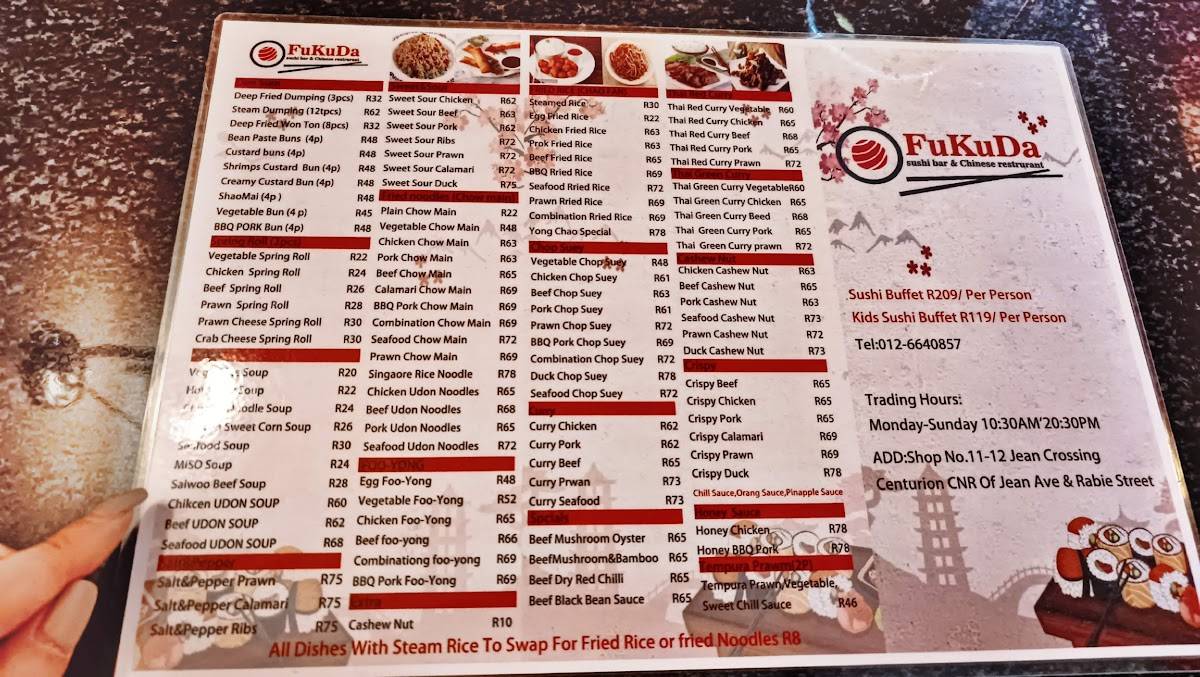 Menu at Fukuda Sushi Restaurant, Centurion, 25°50'25. 28°11'08 Jean ...