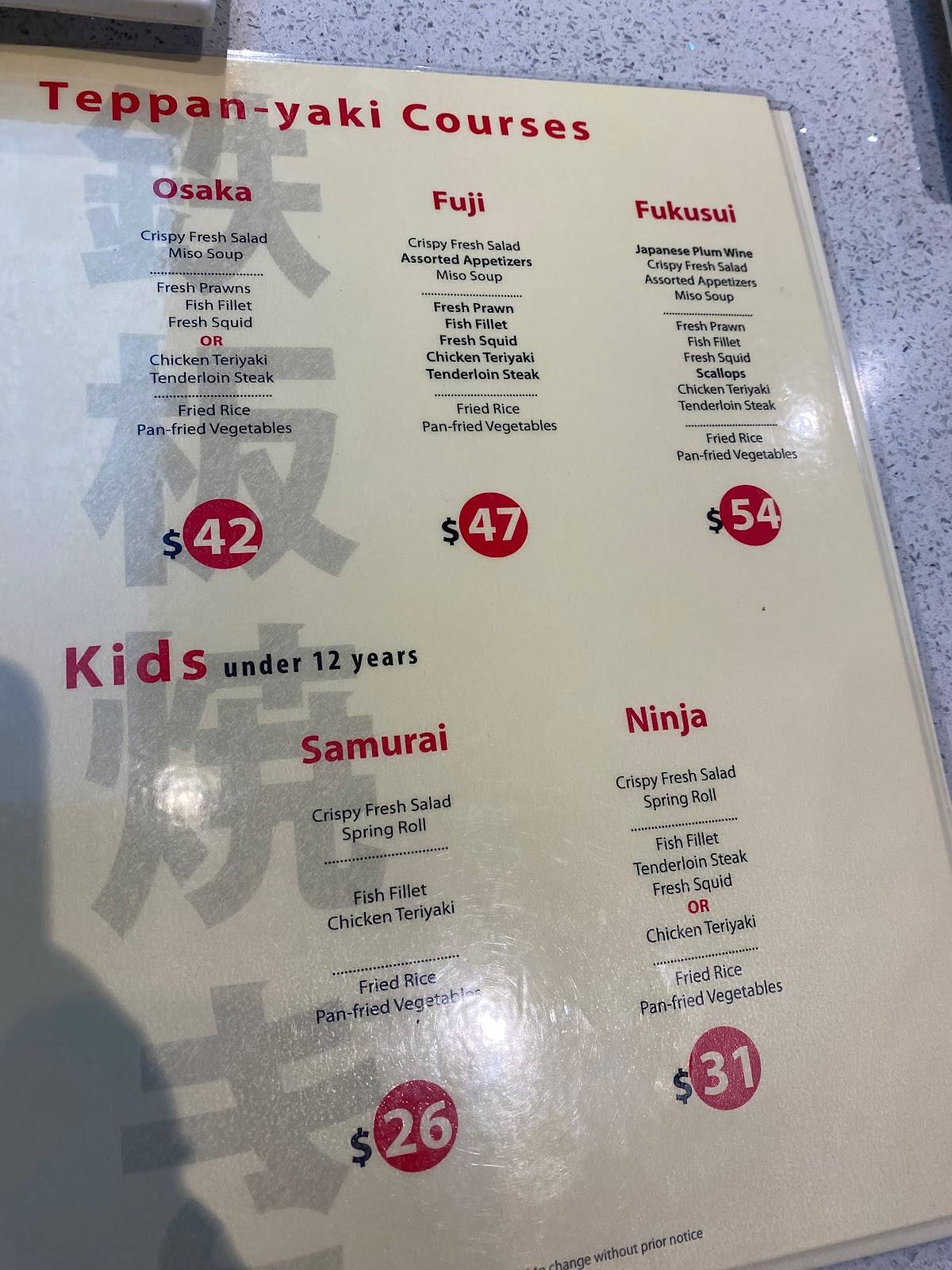 Menu at Fukusui Japanese Restaurant, Warners Bay