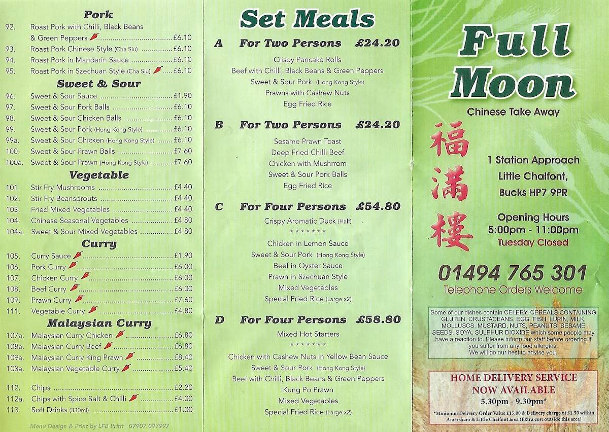 Menu At Full Moon Restaurant Amersham