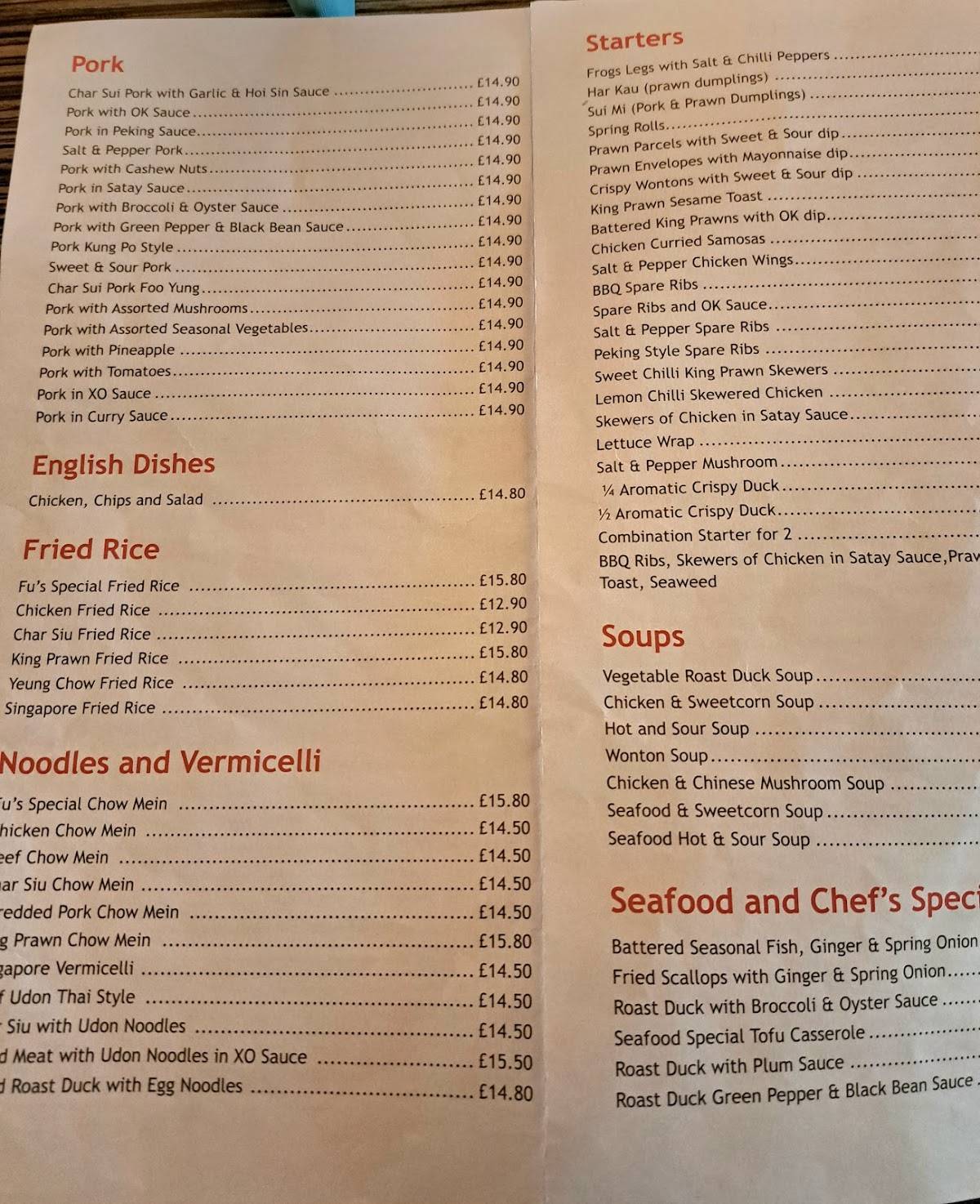 Menu at Fu's restaurant, Caernarfon, Block A