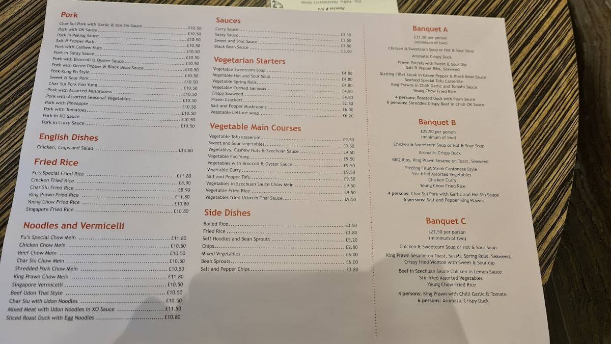 Menu at Fu's restaurant, Caernarfon, Block A