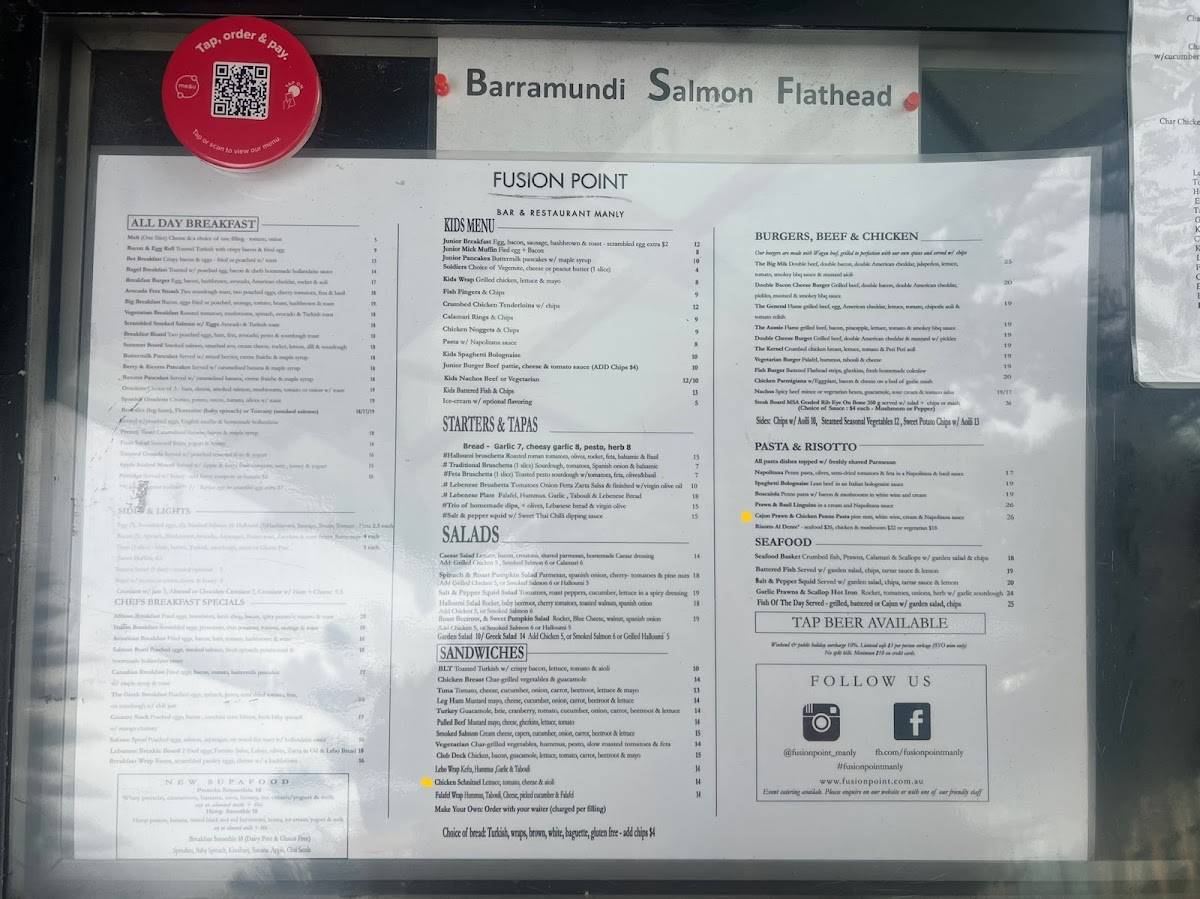 Menu at Fusion Point pub & bar, Manly