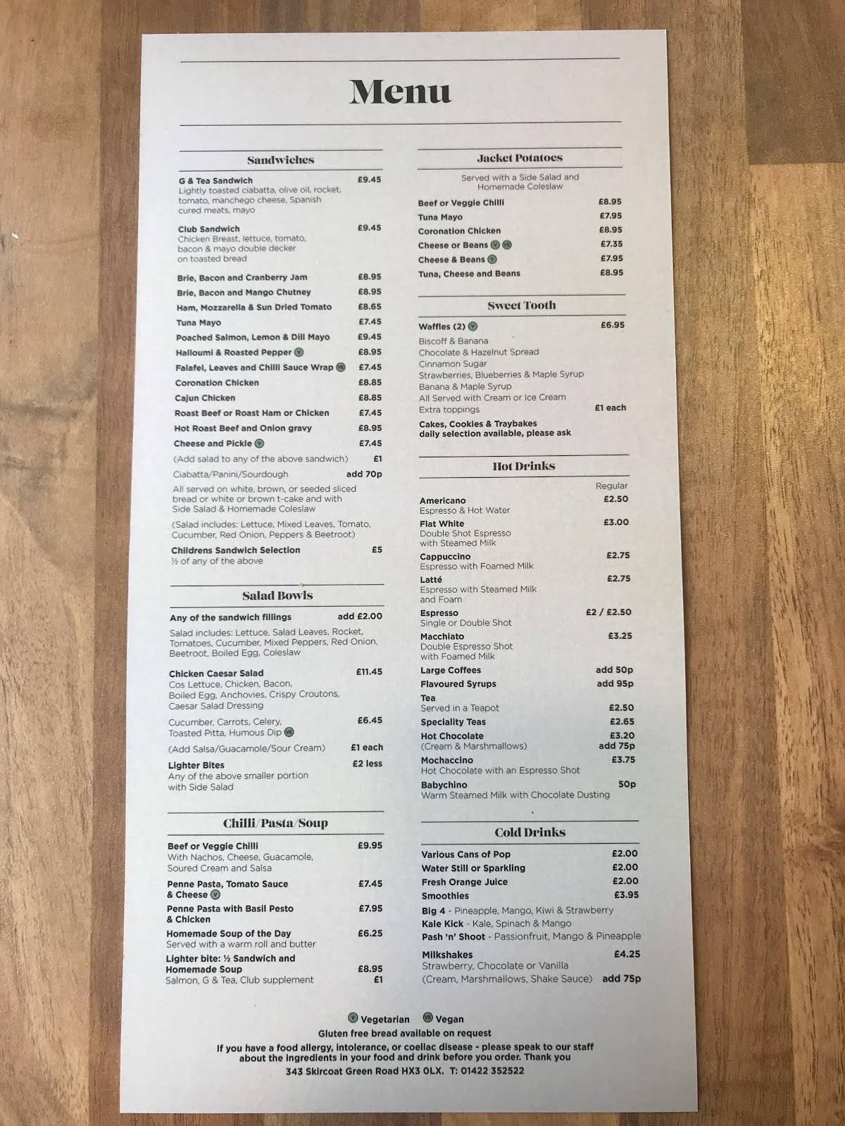 Menu at G & Tea Cafe, Halifax