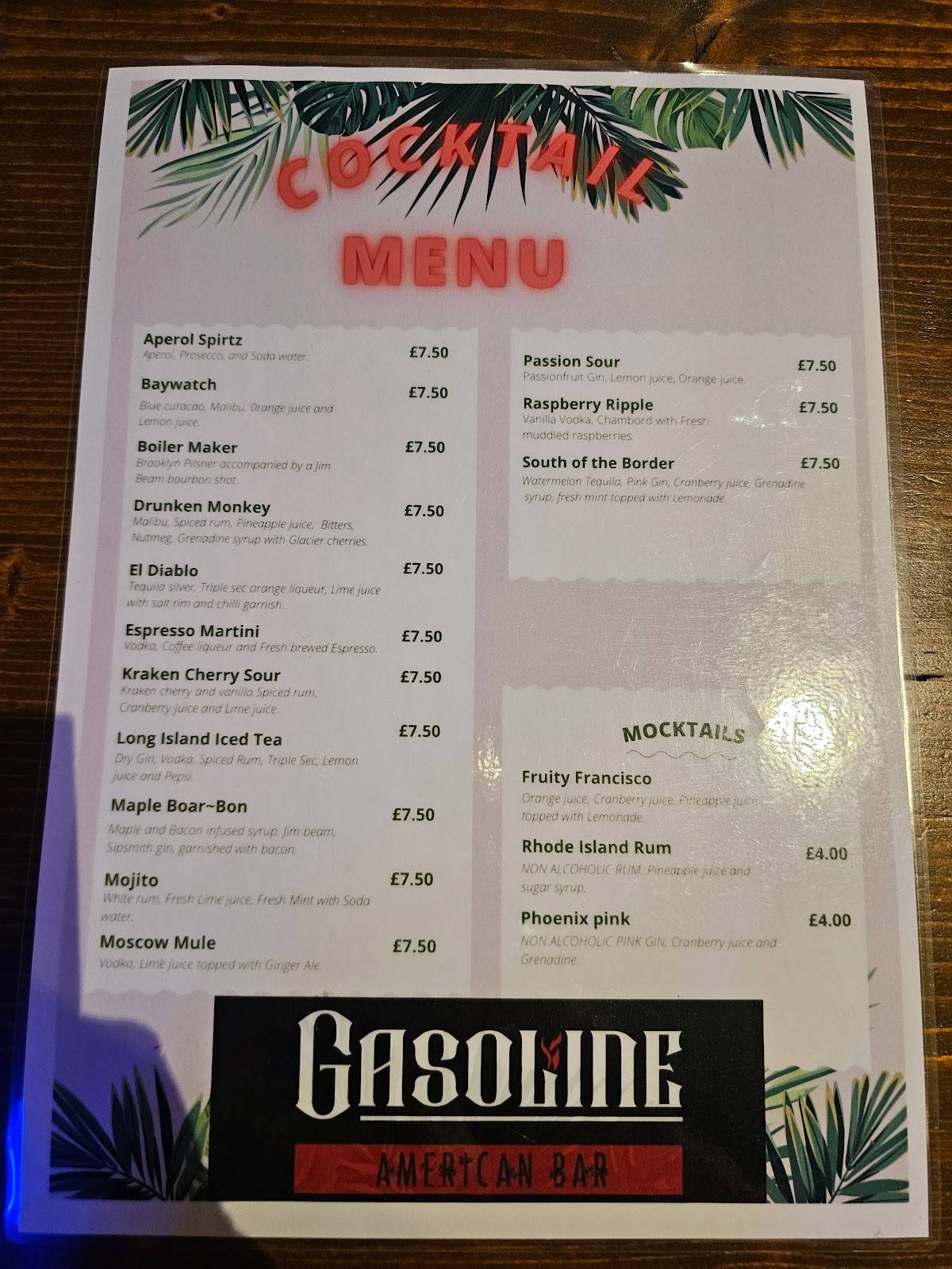 Menu at Gasoline American Bar, Chesterfield