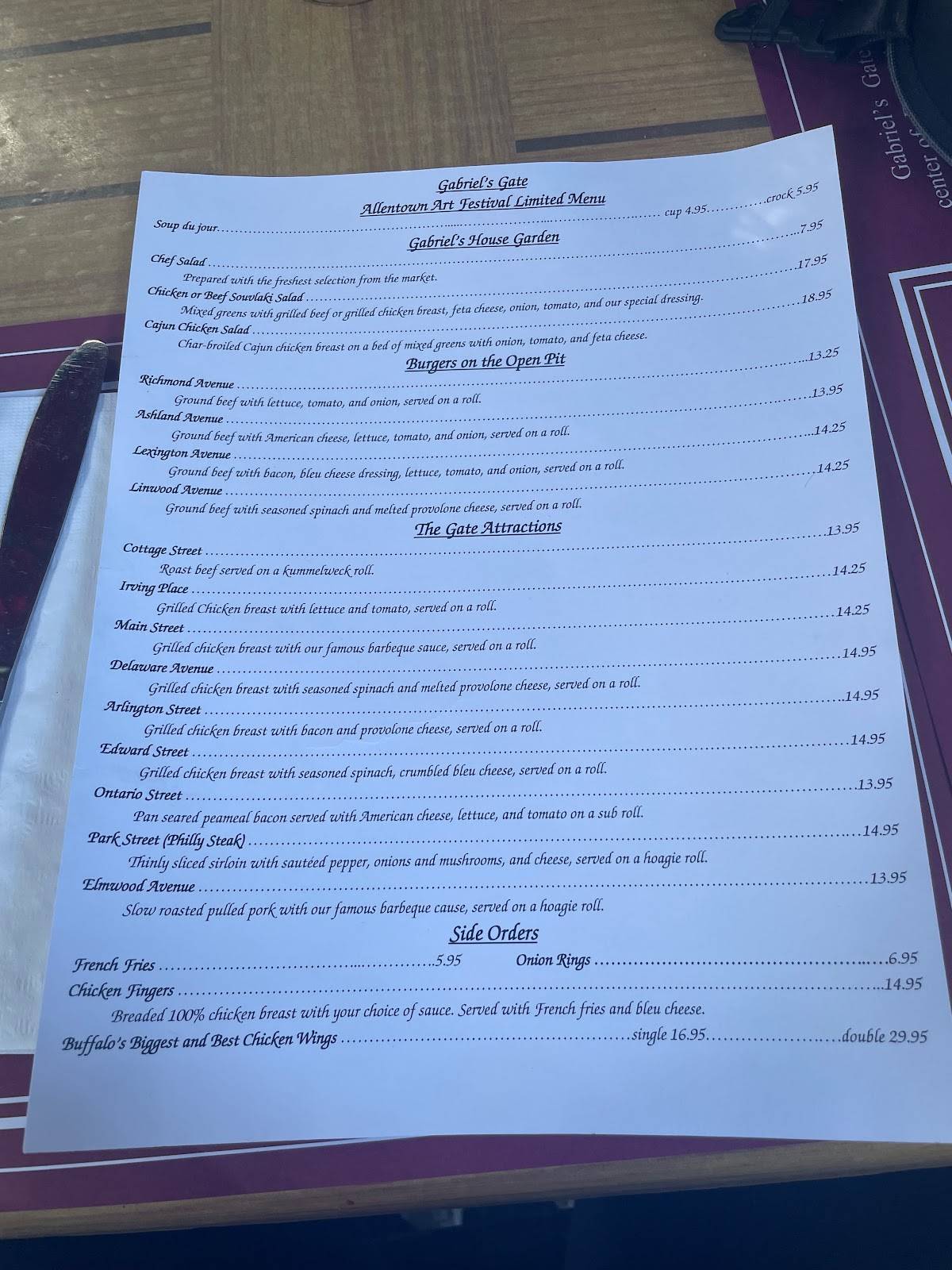 Menu at Gabriel's Gate pub & bar, Buffalo
