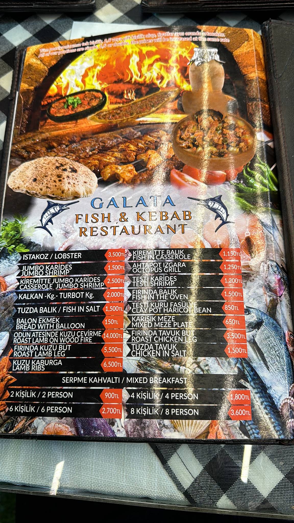 Menu at Galata Fish & Kebab Restaurant, Istanbul