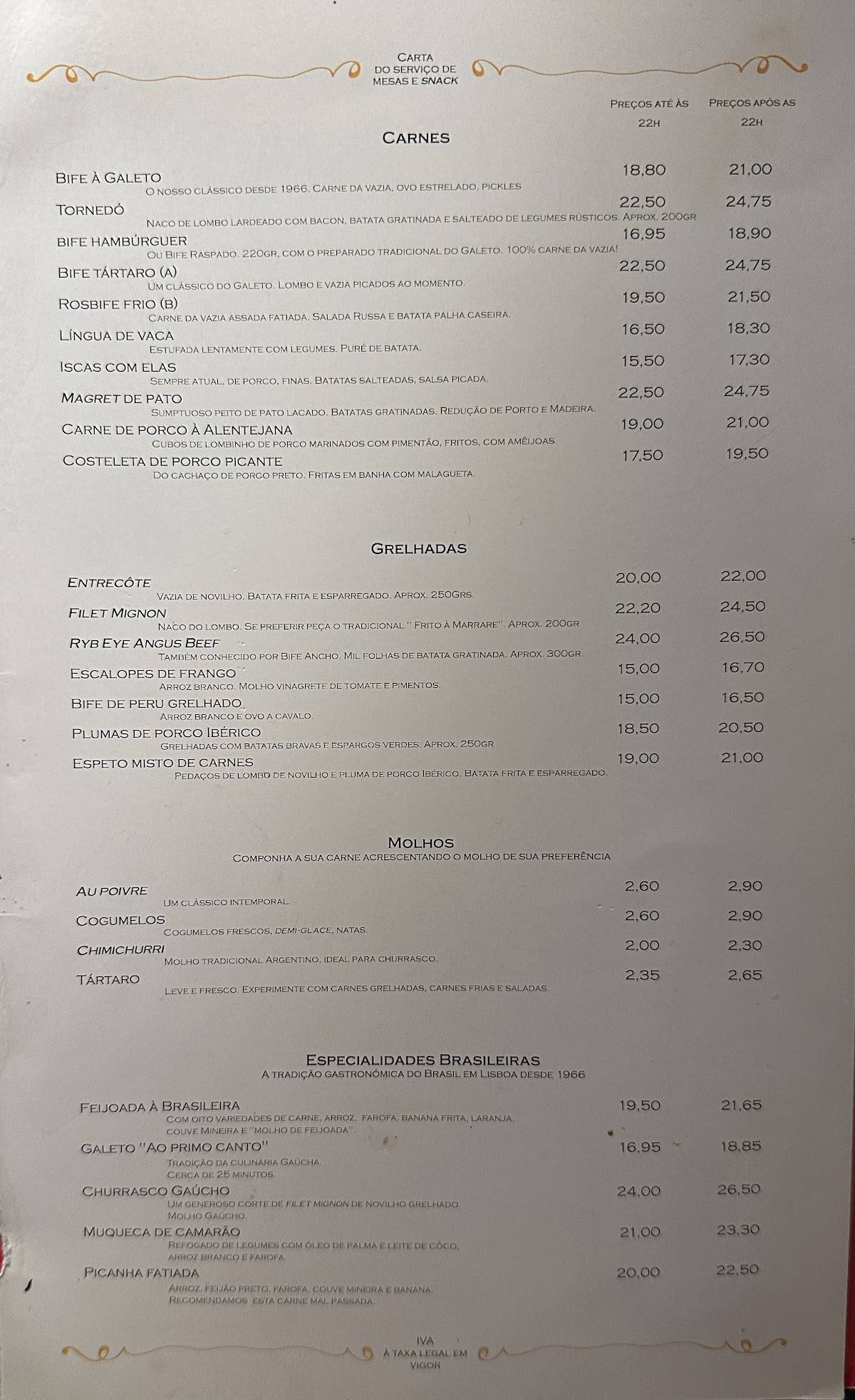 Menu em Galeto restaurante, Lisboa