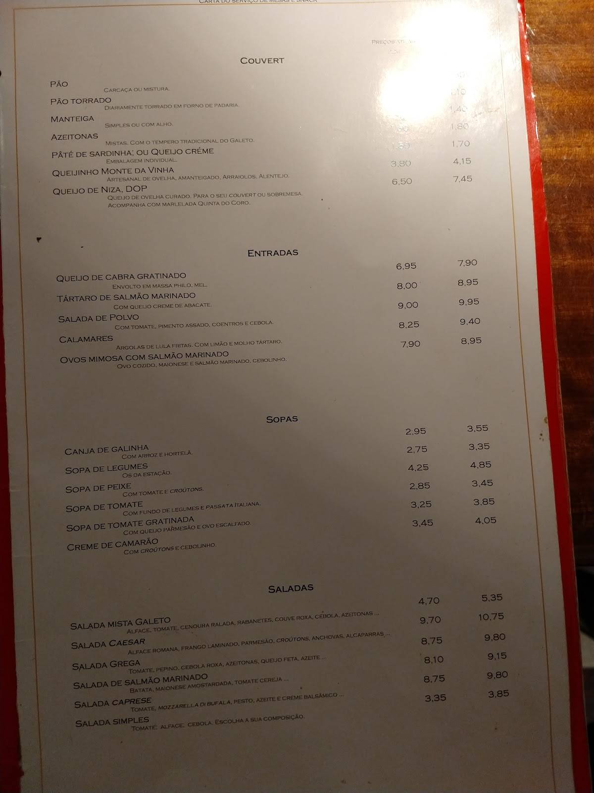 Menu em Galeto restaurante, Lisboa