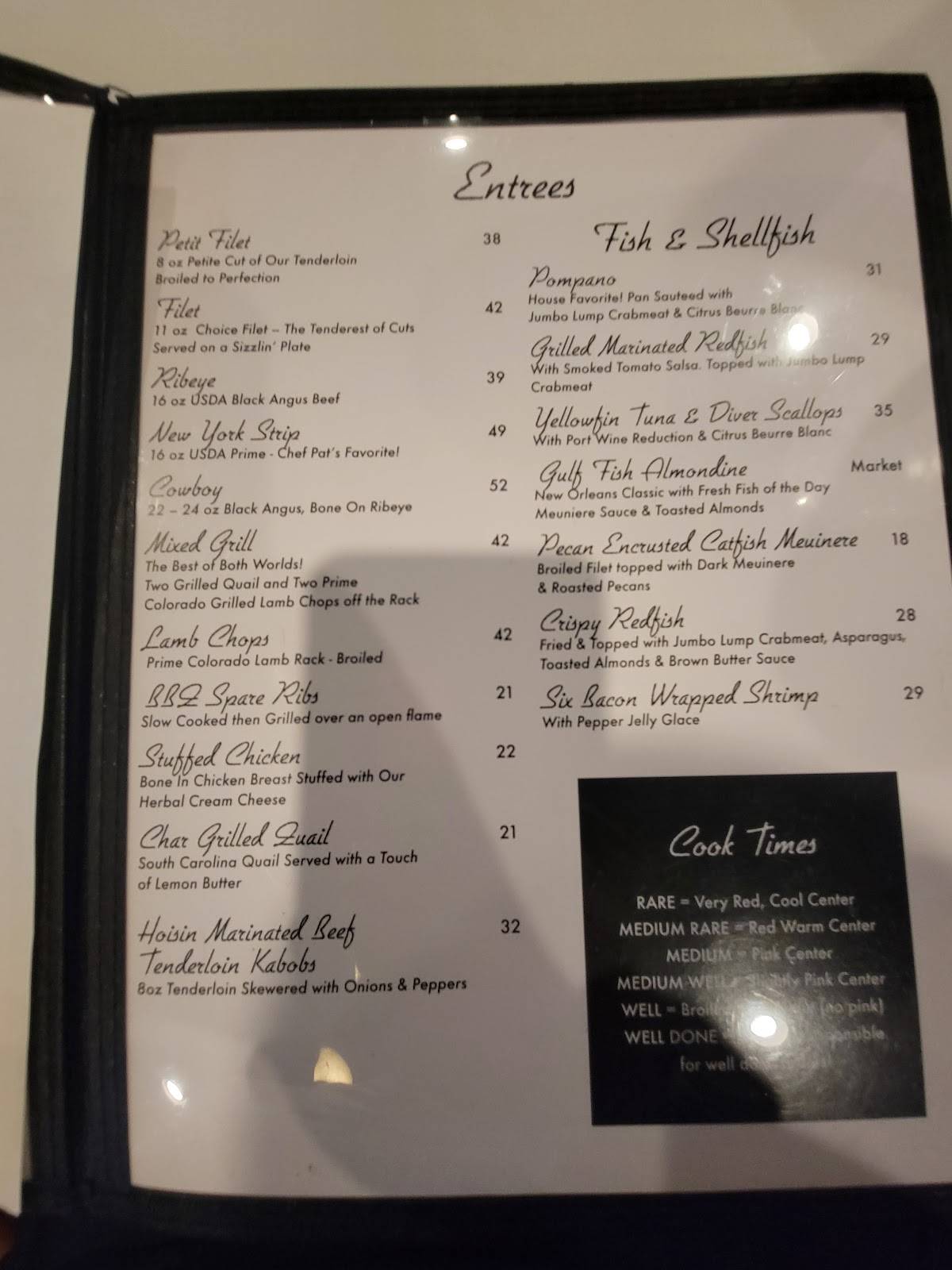 Menu at Gallagher's on Front Street steakhouse, Slidell