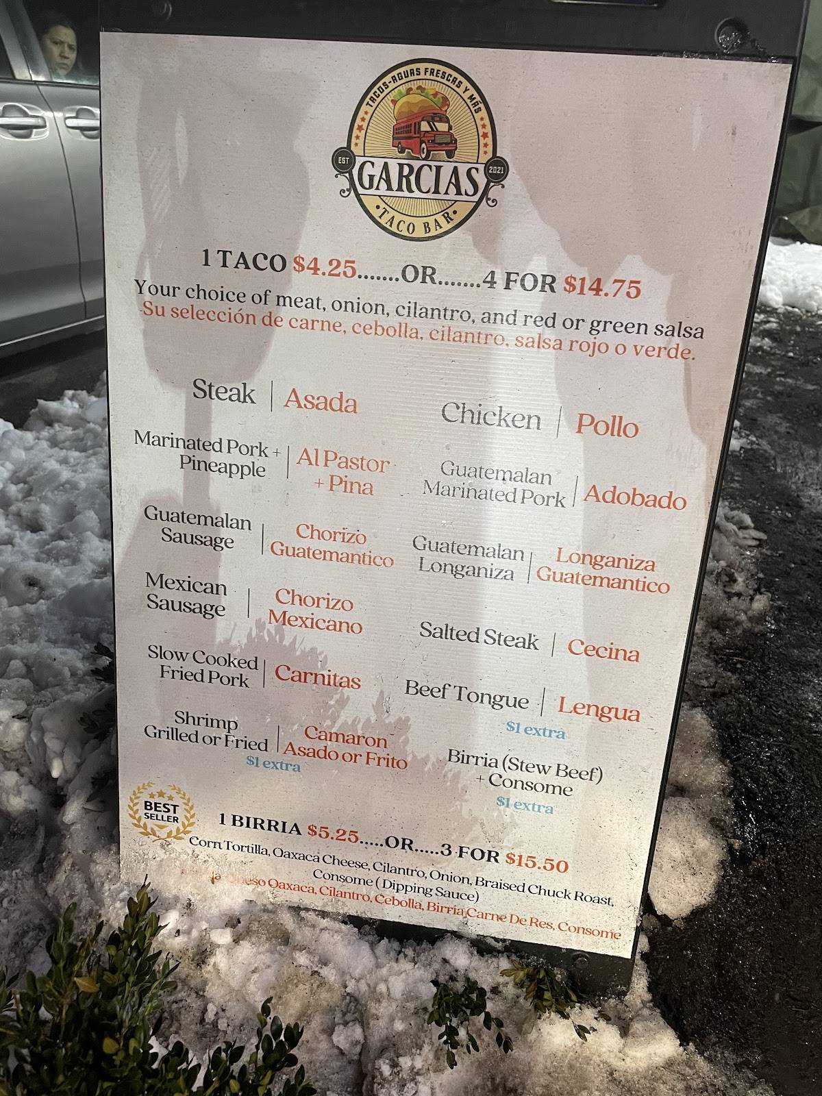 Menu at Garcia's Taco Bar, Brentwood