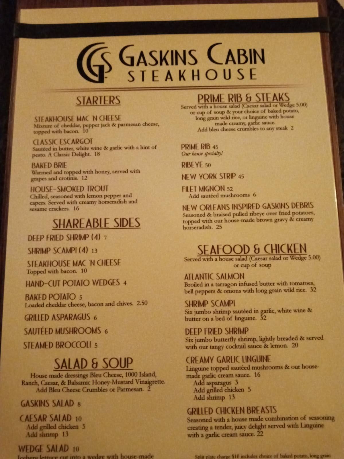 Menu at Gaskins Cabin Steakhouse, Eureka Springs