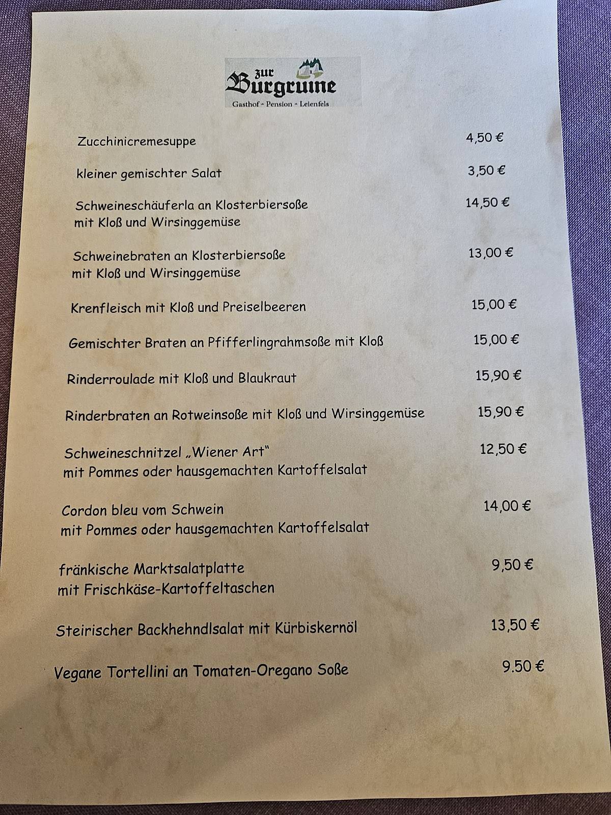Menu au Gasthof und Pension "Zur Burgruine" restaurant, Pottenstein