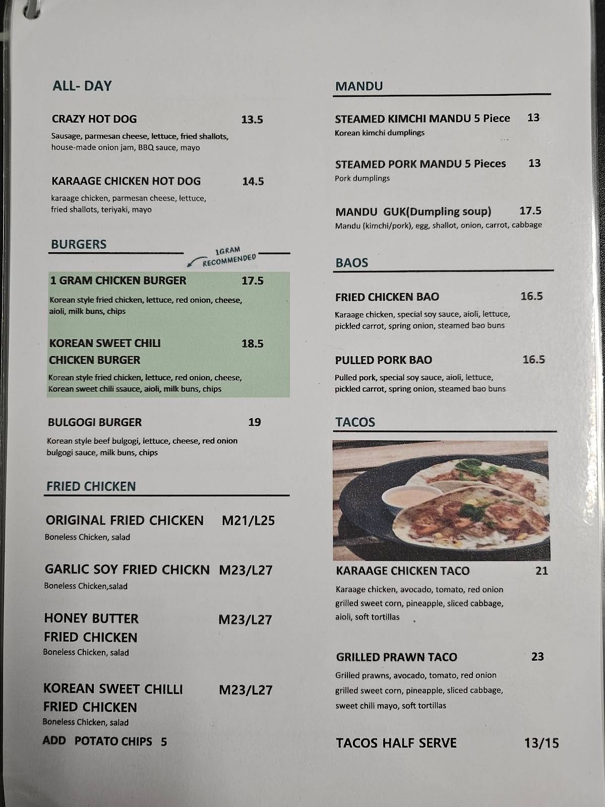 Menu at 1 gram cafe, Gatton