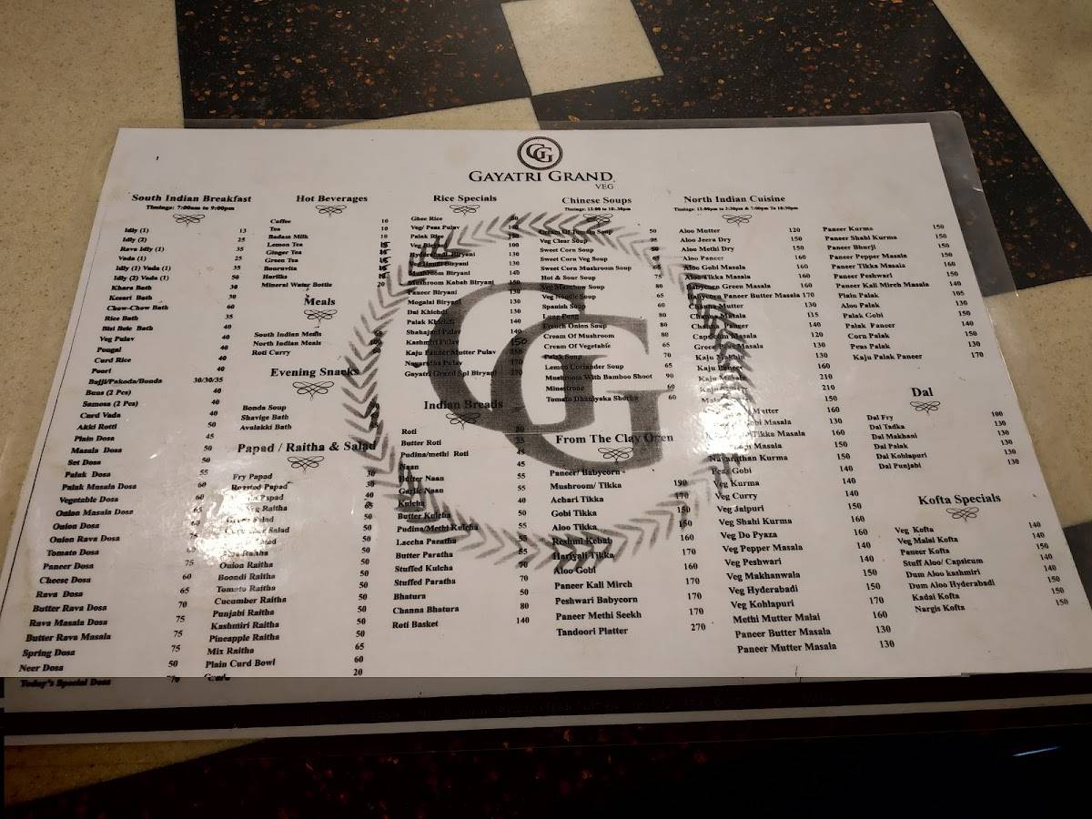 Menu at Gayathri Grand (Pure-veg), Bengaluru