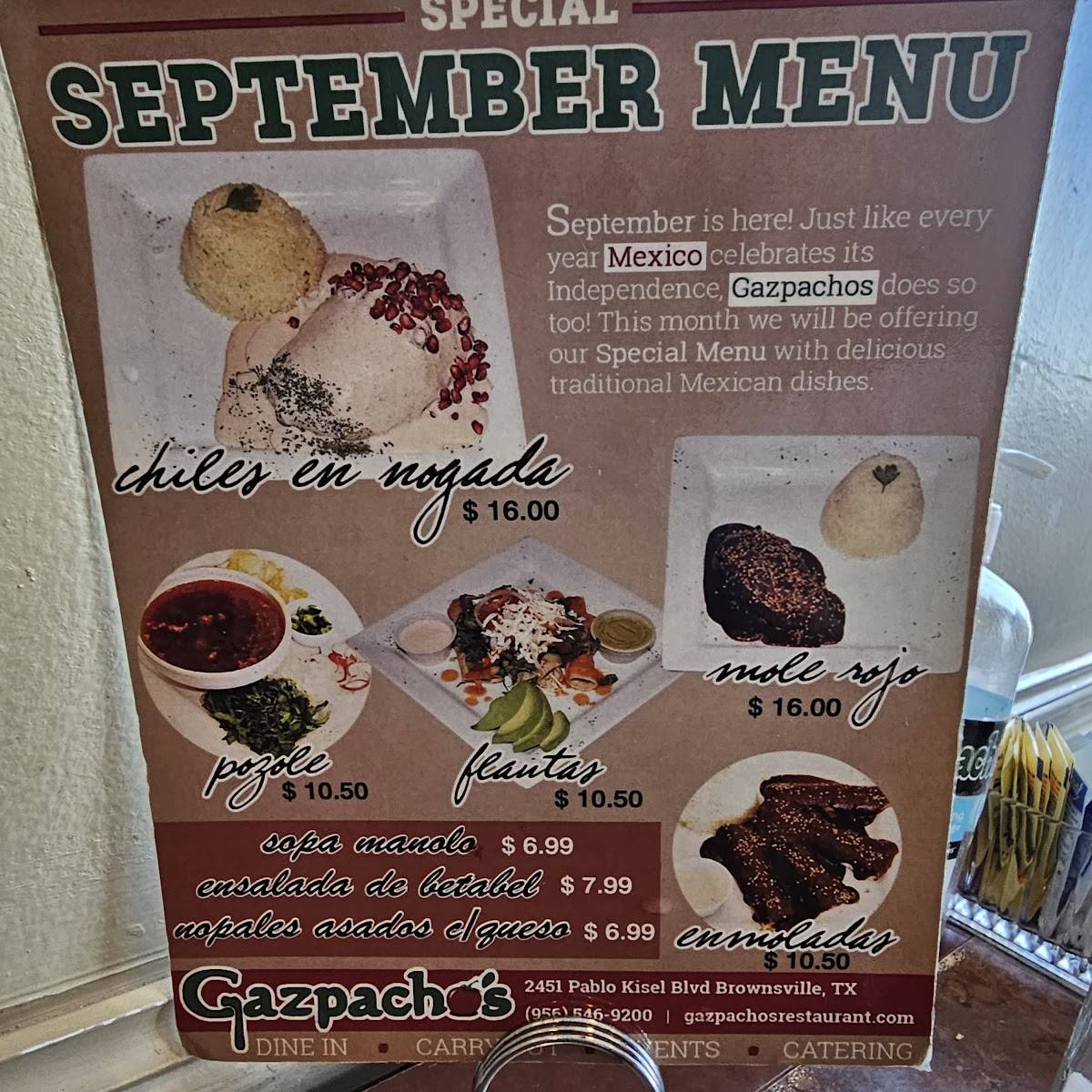 Menu at Gazpachos Restaurant bar, Brownsville