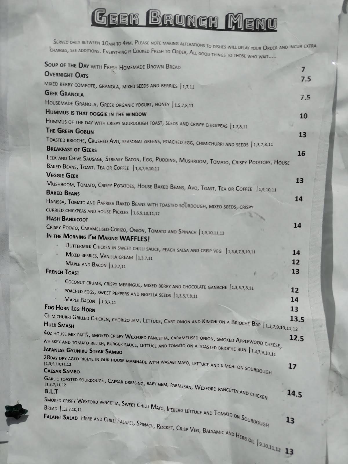 Menu at Geek restaurant, Courtown