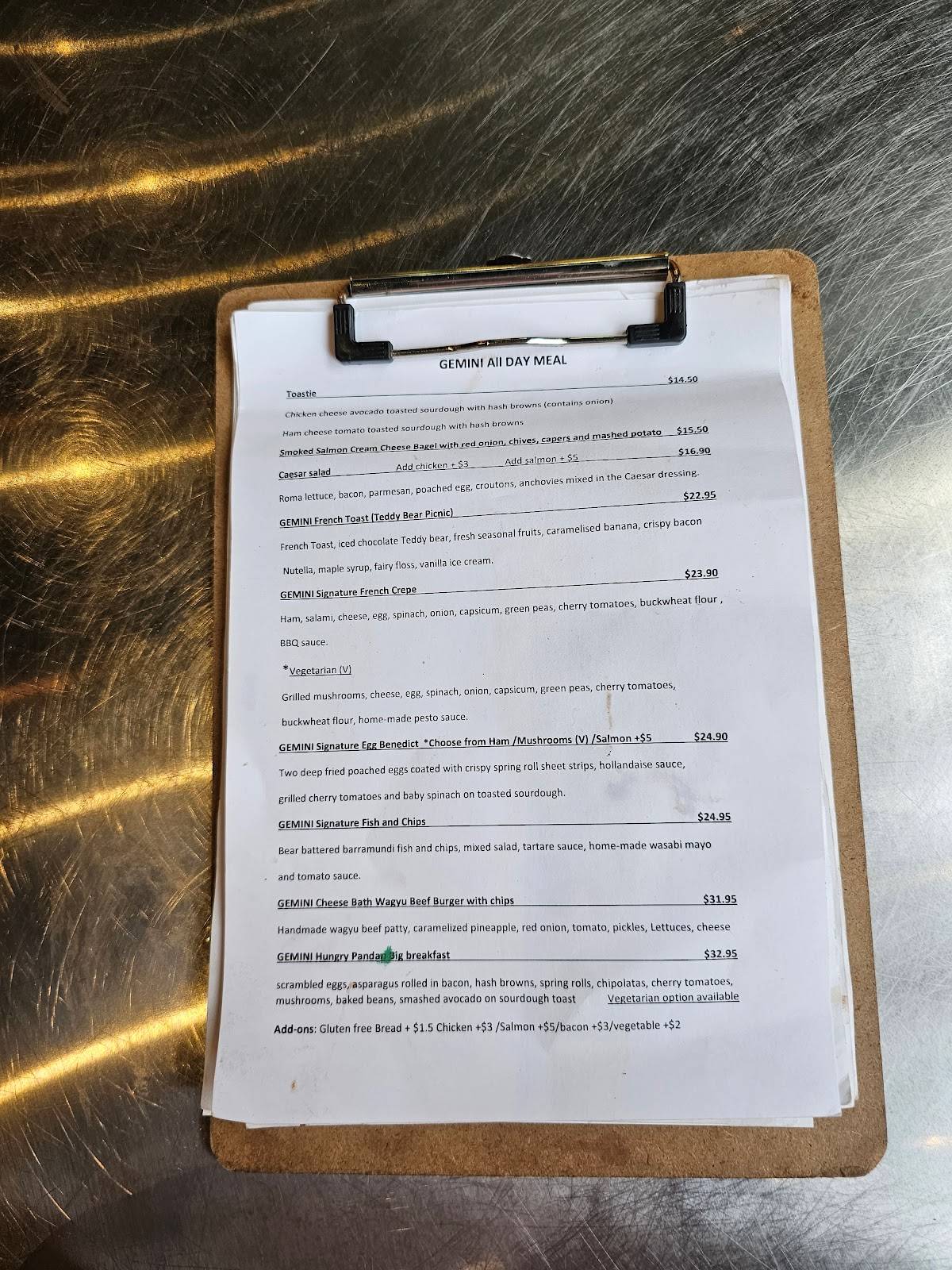 Menu at Gemini cafe, Perth