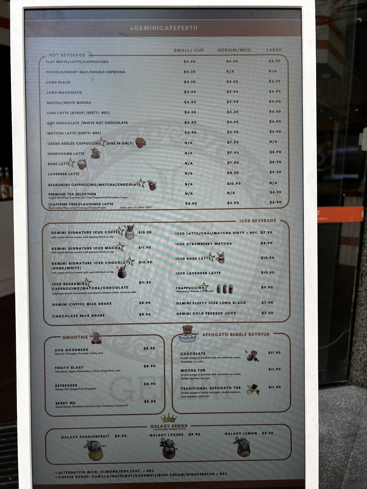 Menu at Gemini cafe, Perth