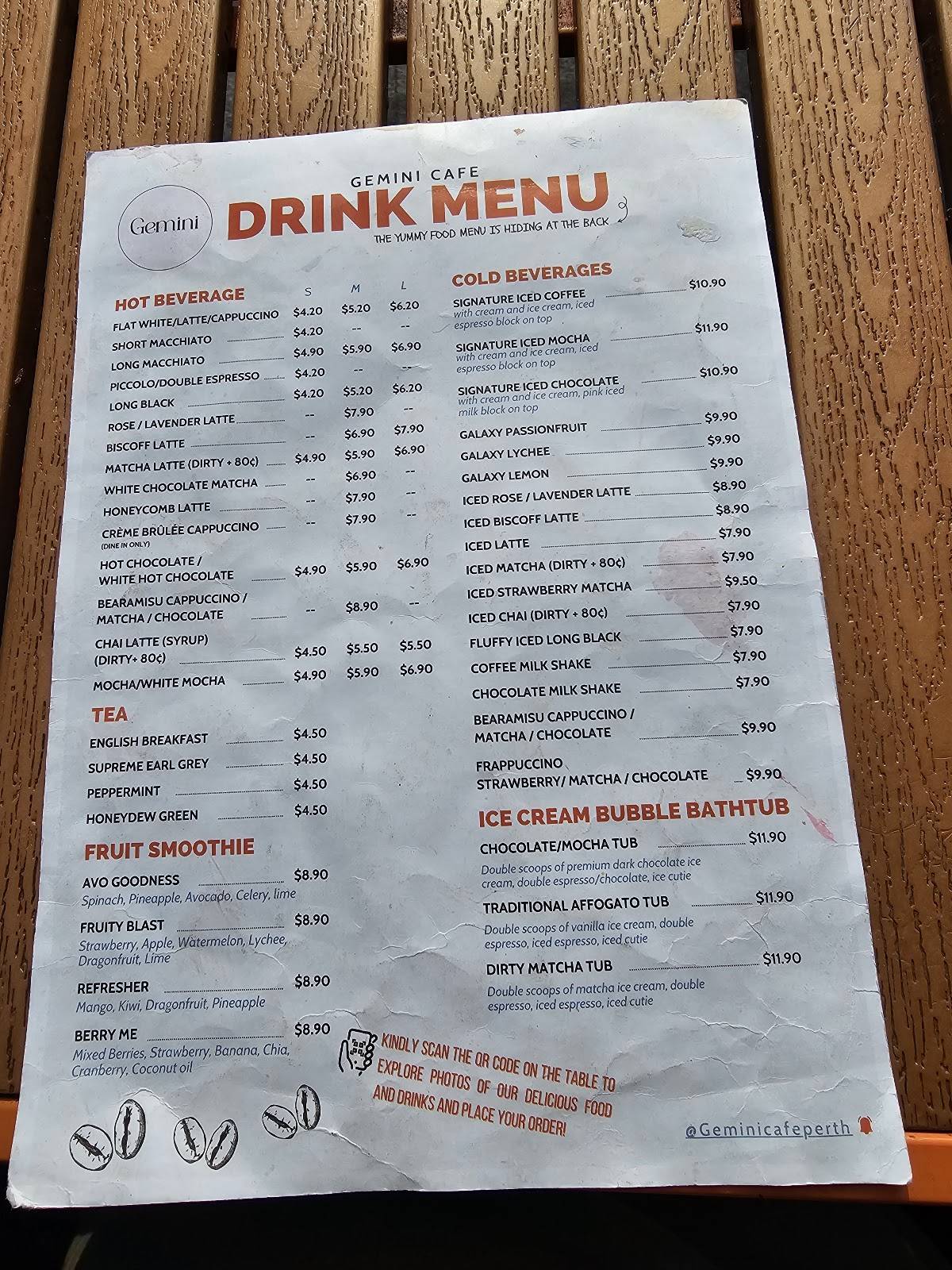Menu at Gemini cafe, Perth