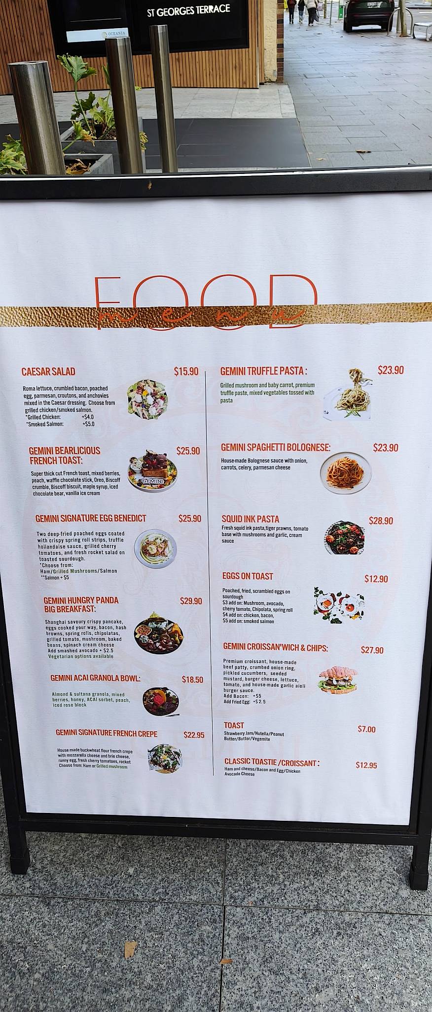 Menu at Gemini cafe, Perth